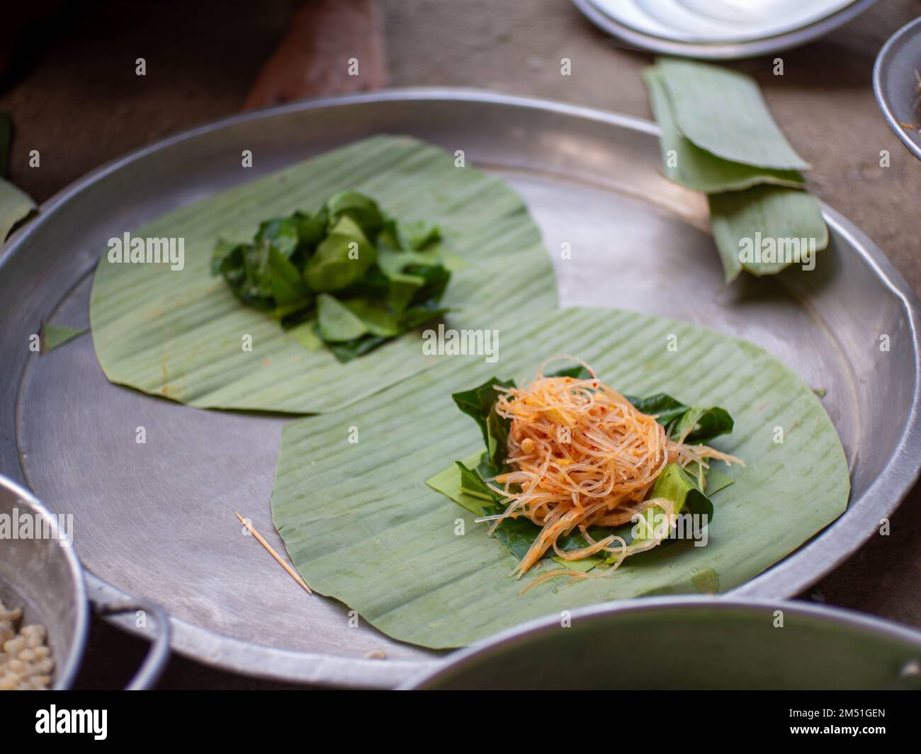 Thai food called "Hor Mhok" with ingredients of vermicelli and ant eggs ...
