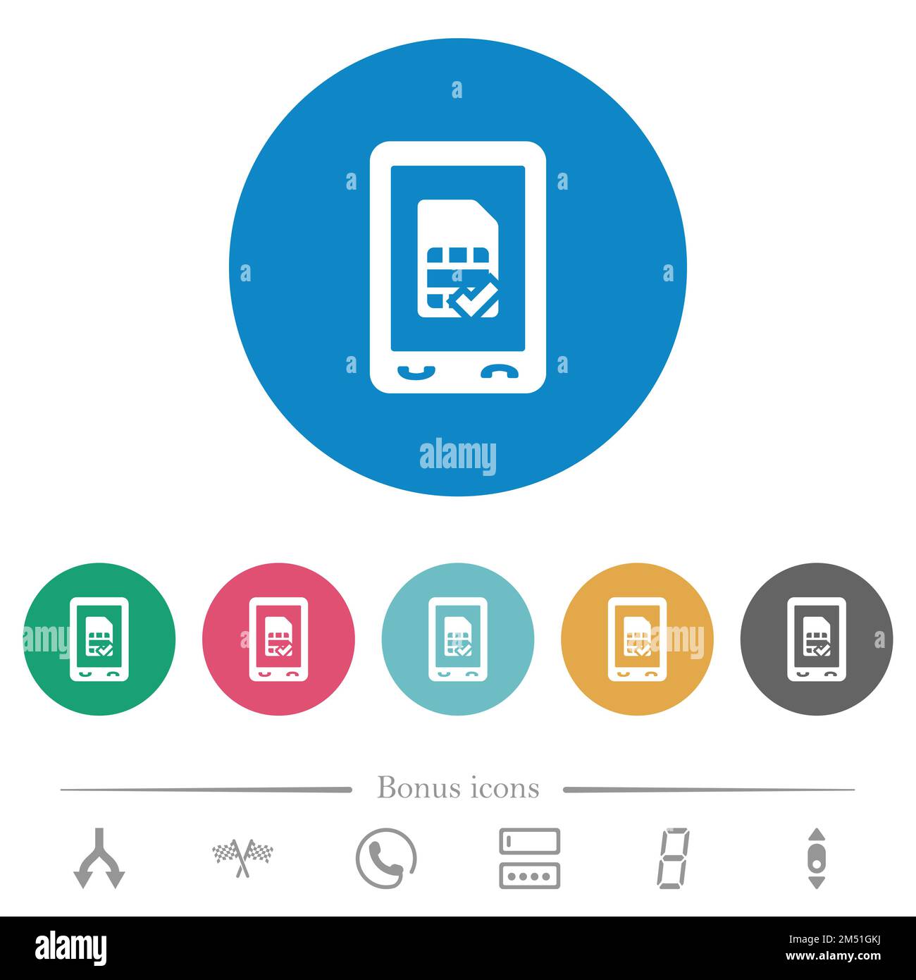 Mobile simcard accepted flat white icons on round color backgrounds. 6 ...