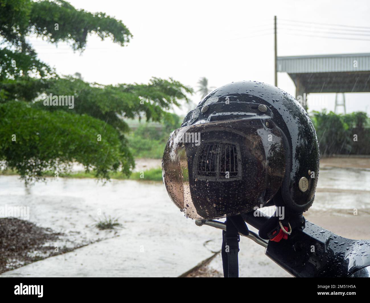 black helmet against trees and rain Stock Photo - Alamy