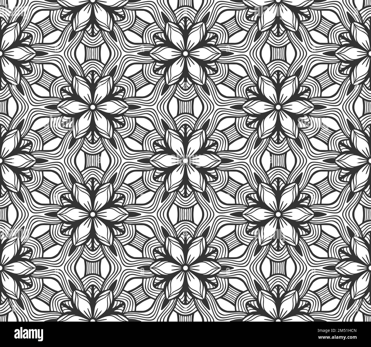 Repeat flower seamless pattern. Black and white limitless background. Abstract floral geometric ...