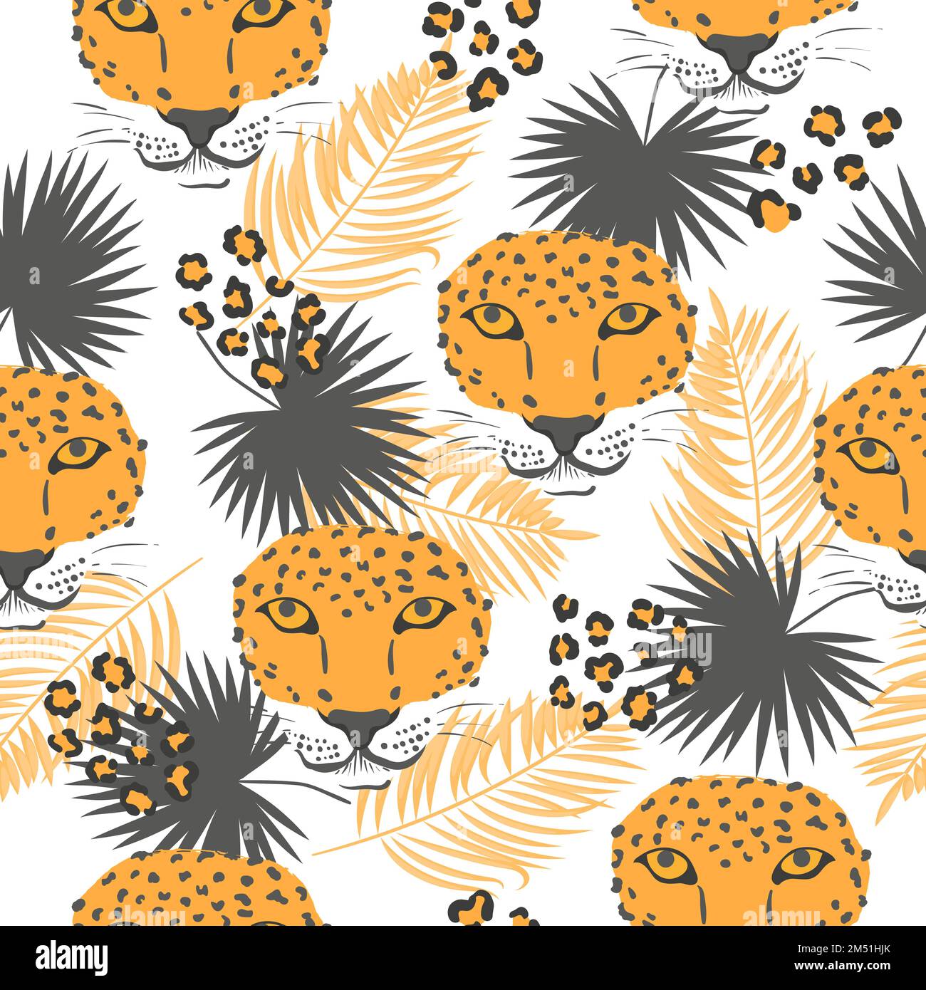 Vector seamless orange tropical pattern with leopard heads and palm ...