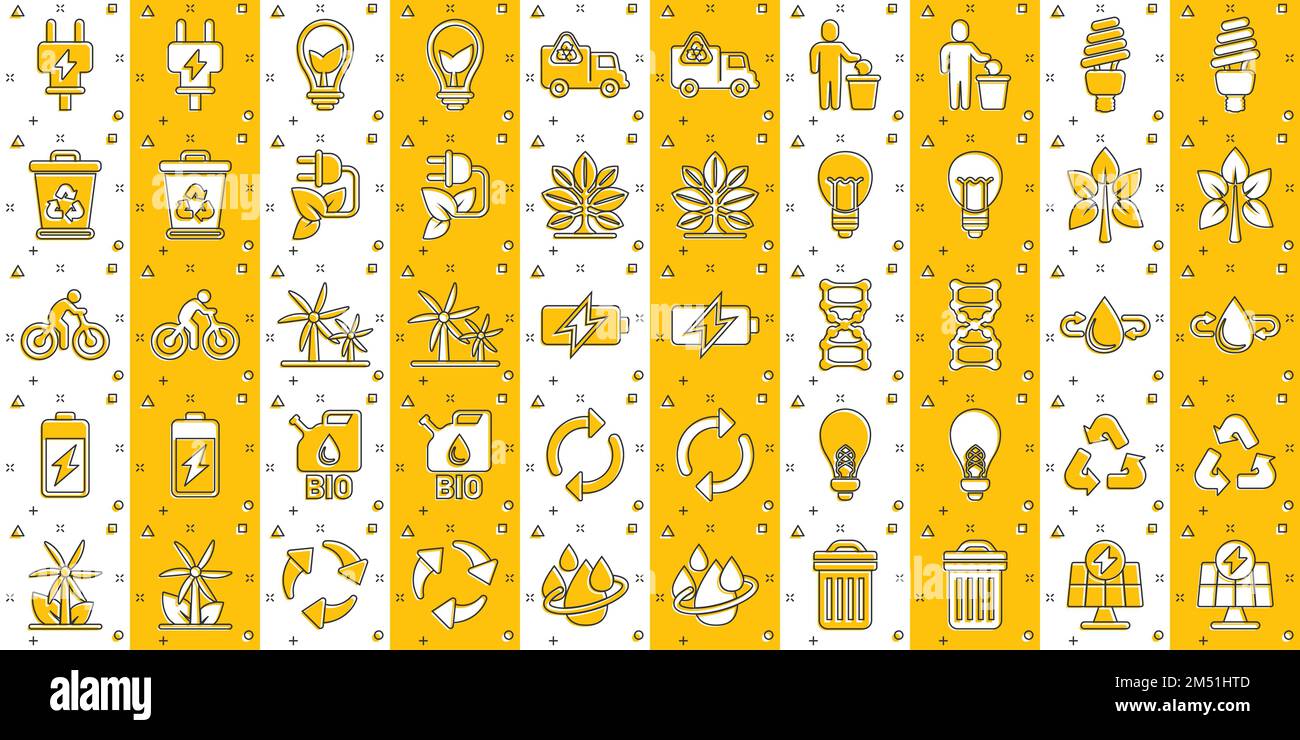 Eco environment icons set in comic style. Ecology cartoon vector ...