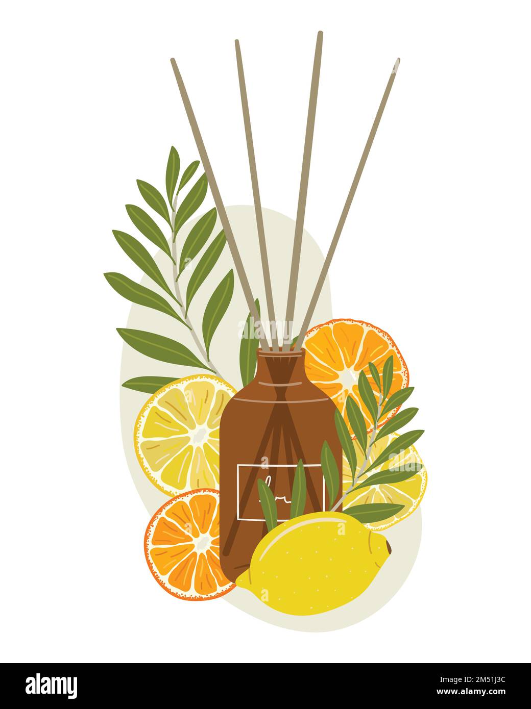 Composition with aroma diffusor with abstract shape, greenery, orange ...