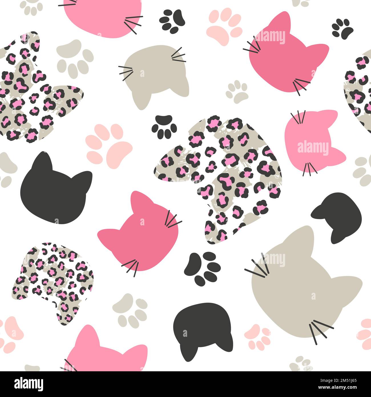 Seamless vector pattern with cats heads and leopard print for kids ...