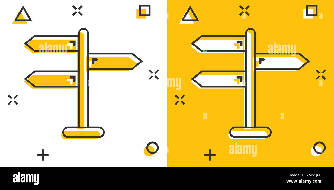 Crossroad signpost icon in comic style. Road direction cartoon vector ...