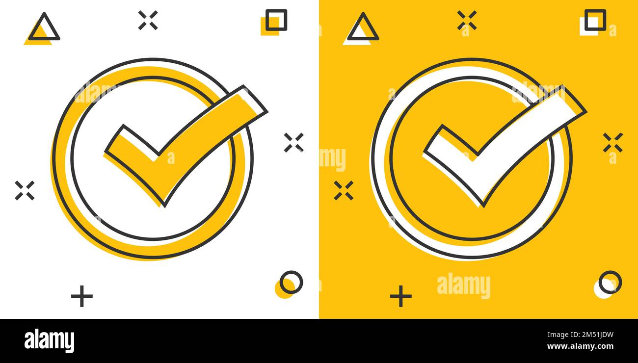 Check mark sign icon in comic style. Confirm button cartoon vector ...