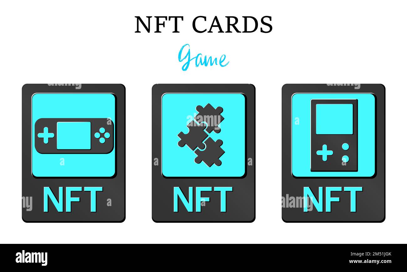 3D NFT token cards in cryptography. NFT cards with game. A non-fungible token with information ...