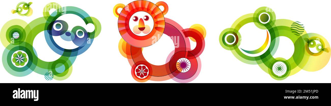 Set of cute animals in design composition with circle and animal head ...