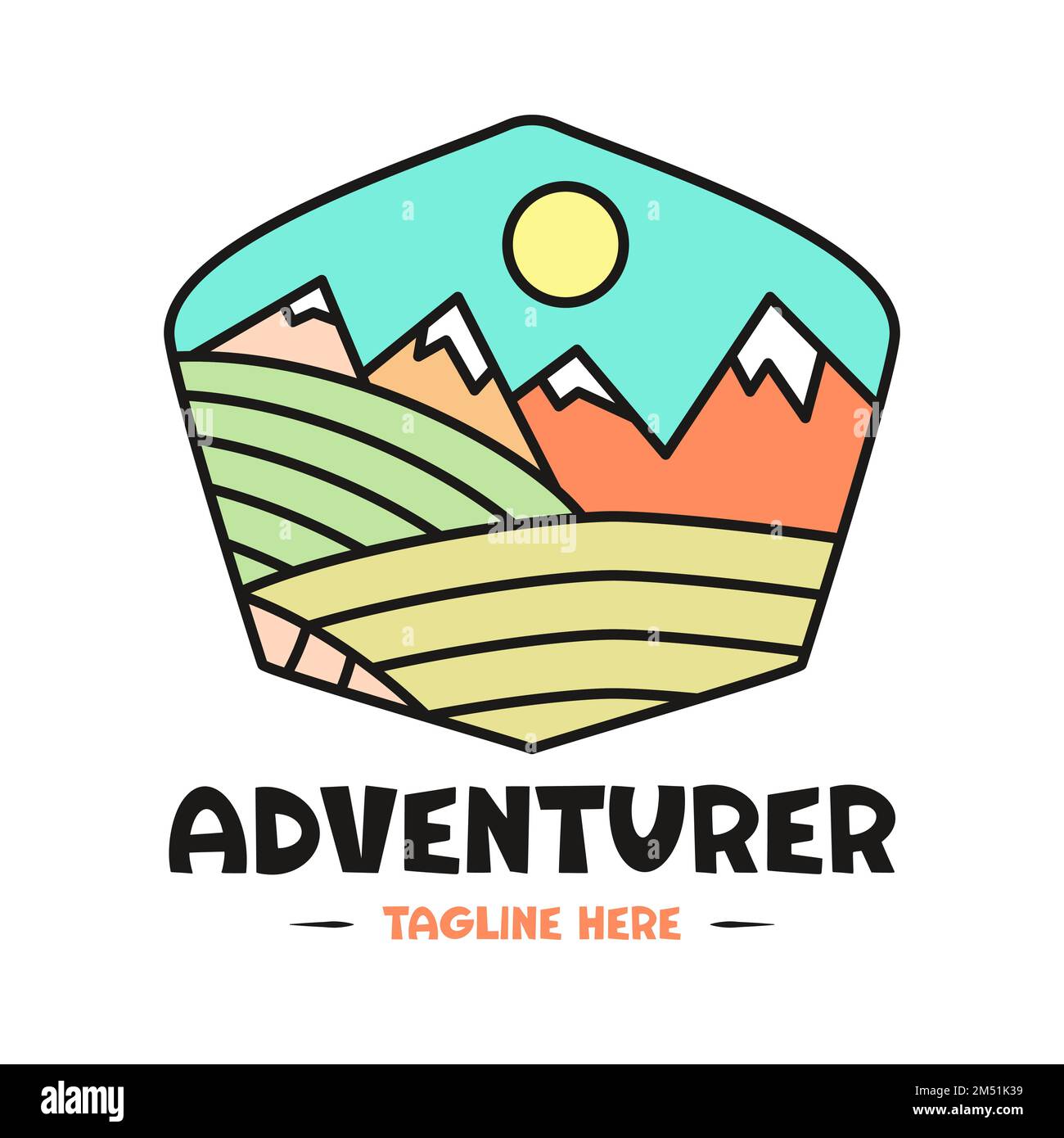 Camping badge design with abstract mountains and text-adventurer ...