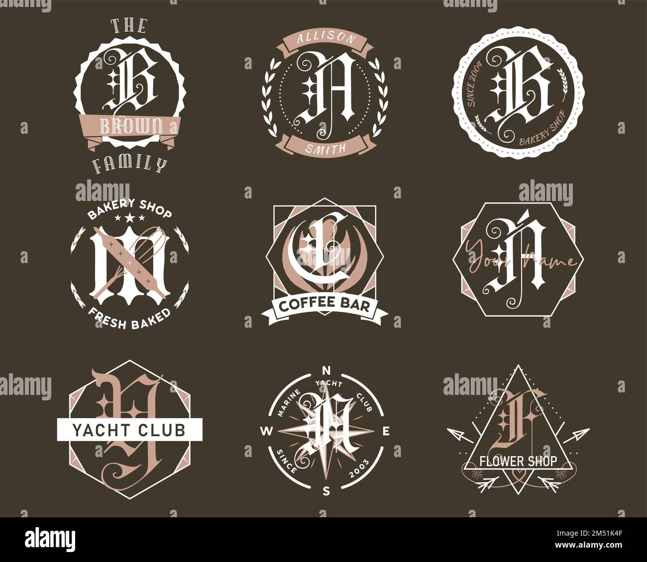 Monogram logo designs set. Classic monograms with different phrases and ...