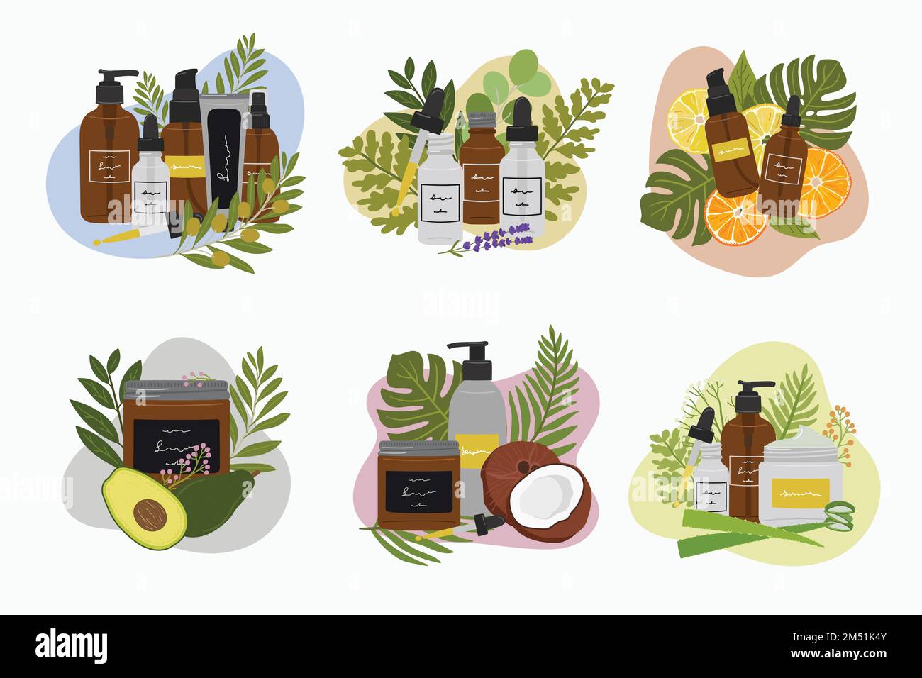 Big set of compositions with organic cosmetic products in bottles, jars ...