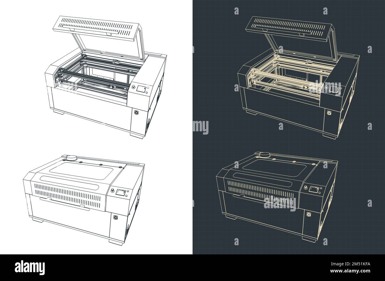 Stylized vector illustration of blueprints of an industrial laser ...