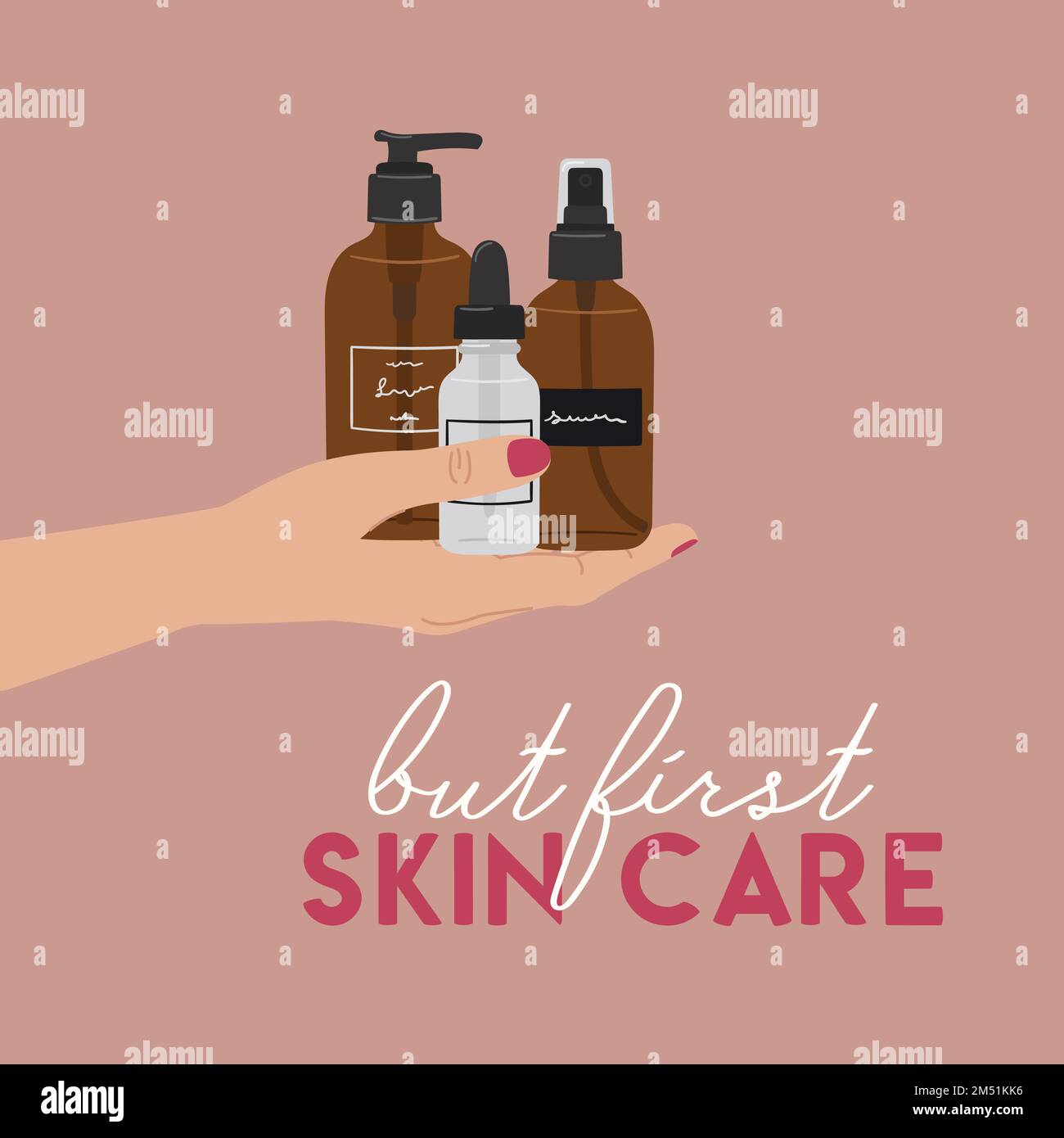 Female hand holds natural organic cosmetic products in bottles, jars ...