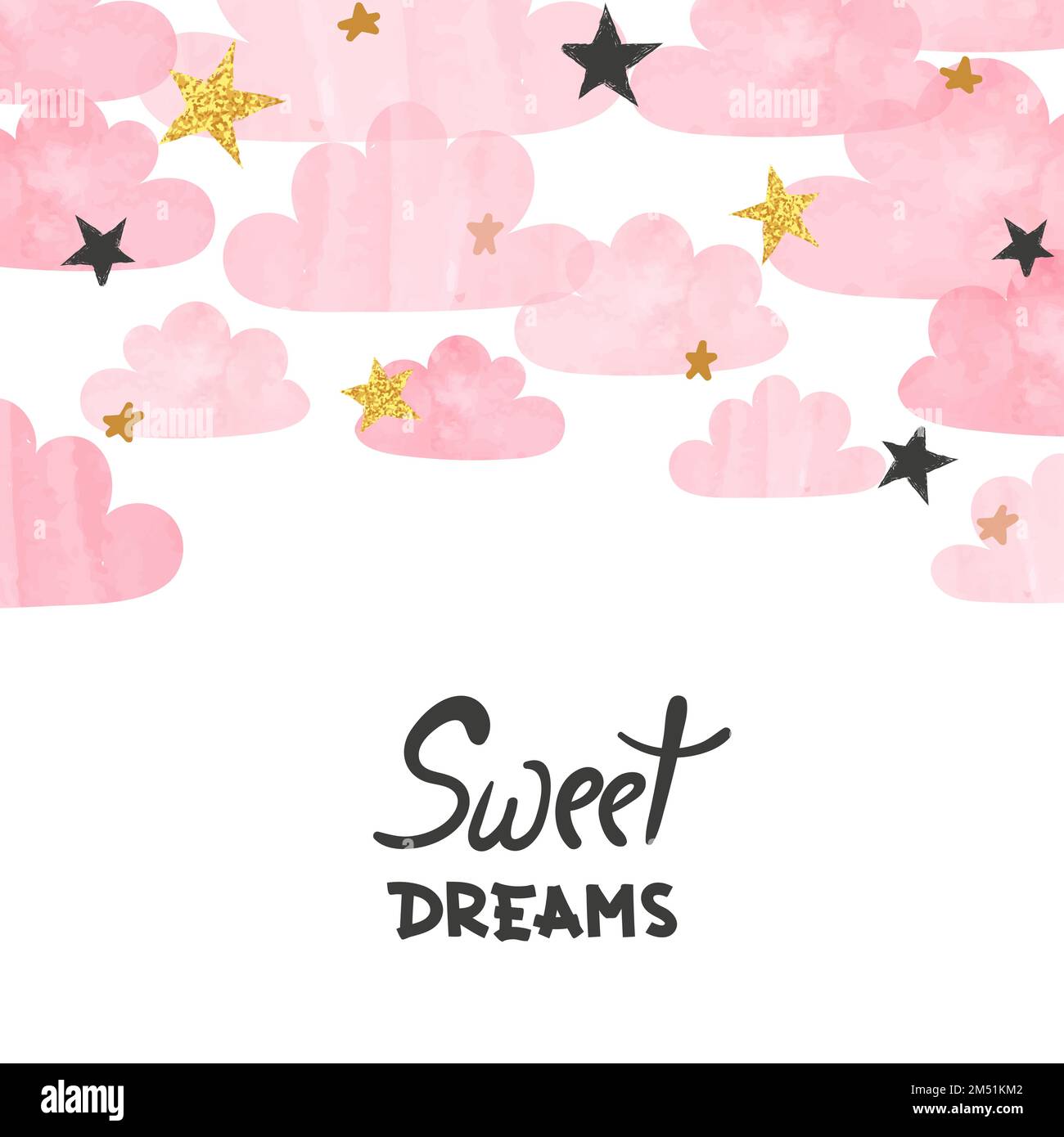 Vector pink watercolor clouds and stars background. Sweet dreams poster ...