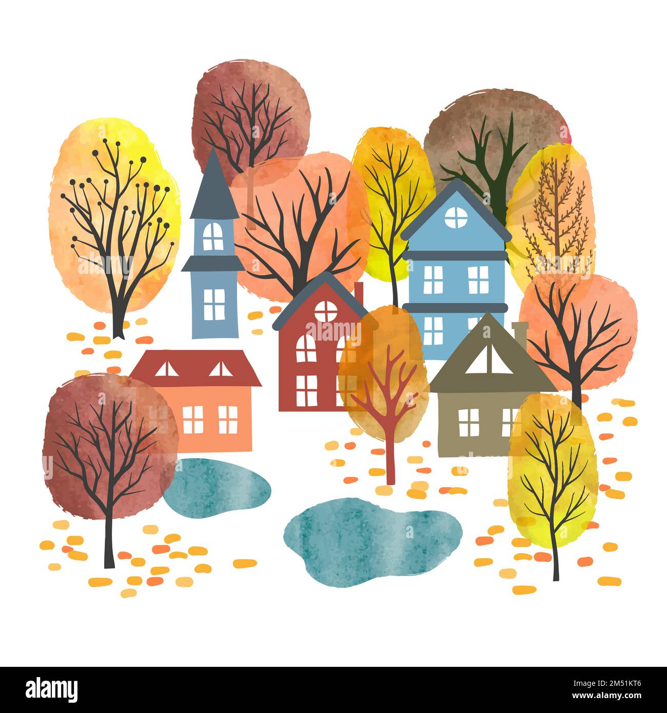 Autumn landscape. Small town vector illustration. Watercolor autumn ...