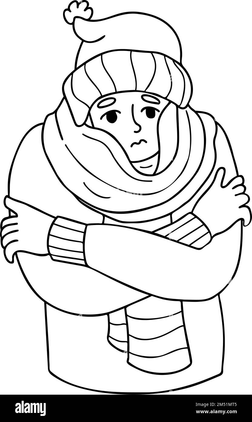Frozen, sick and wrapped in scarf man shivering. vector illustration ...