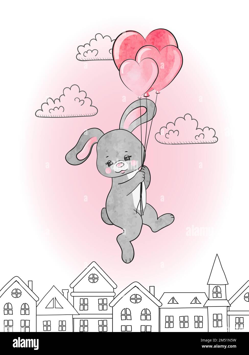 Cute cartoon bunny flying on balloons. Watercolor vector illustration ...