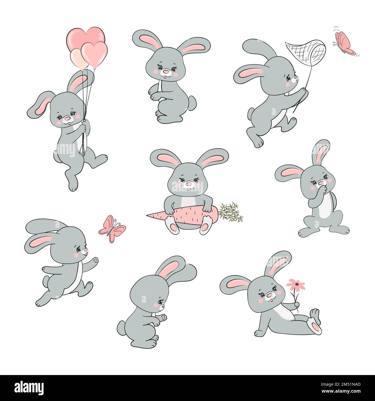 Set of cute cartoon baby rabbits. Vector bunny illustration Stock ...