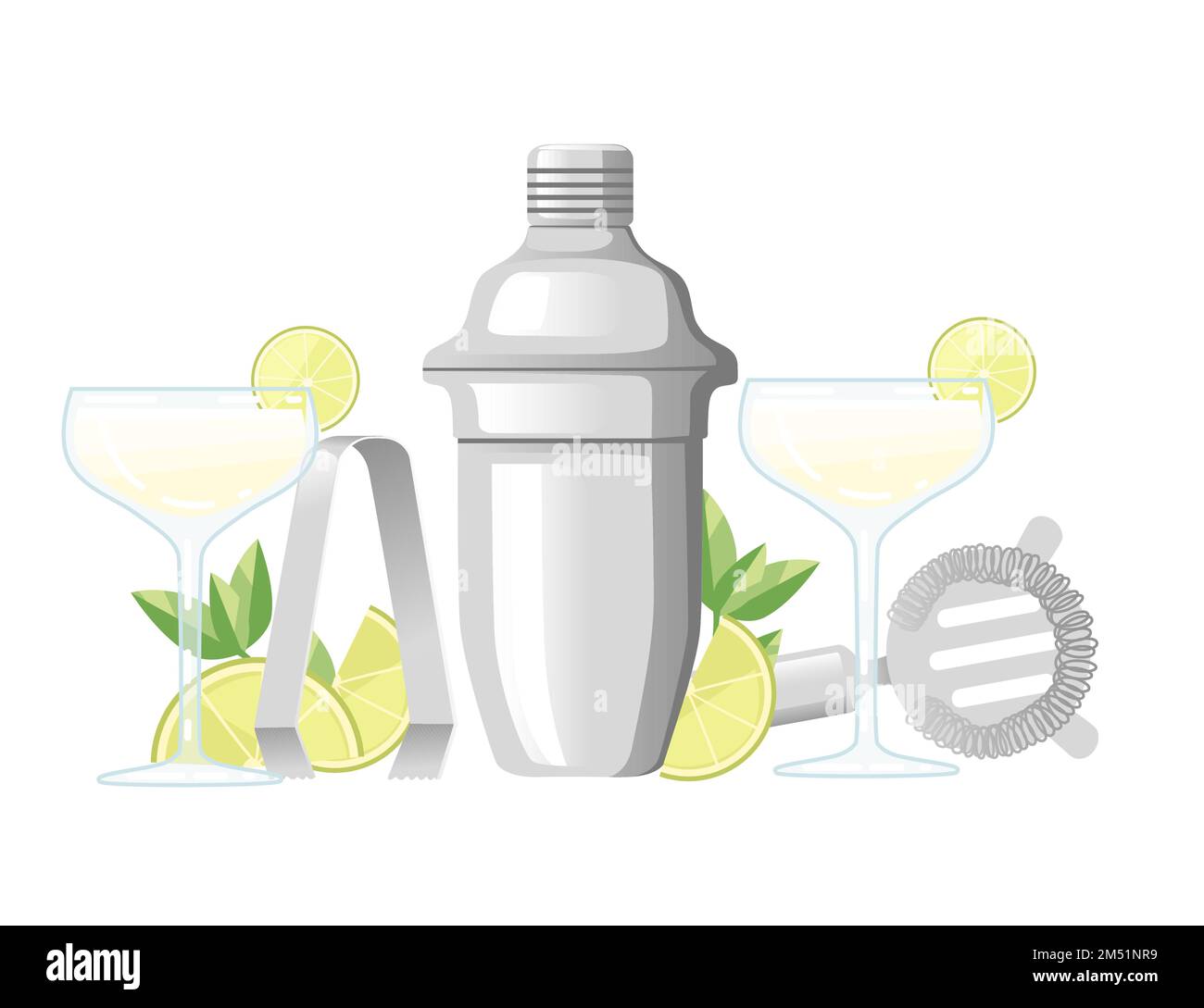 Two cocktails in glass with bar accessory tools steel shaker vector ...