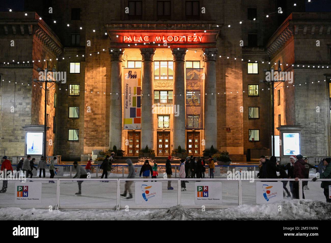 An ice skating rink is seen next to the Palace of Culture in Warsaw ...