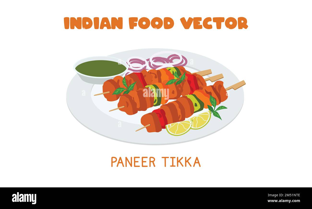 Indian Paneer Tikka - Indian grilled paneer tandoori snack flat vector ...