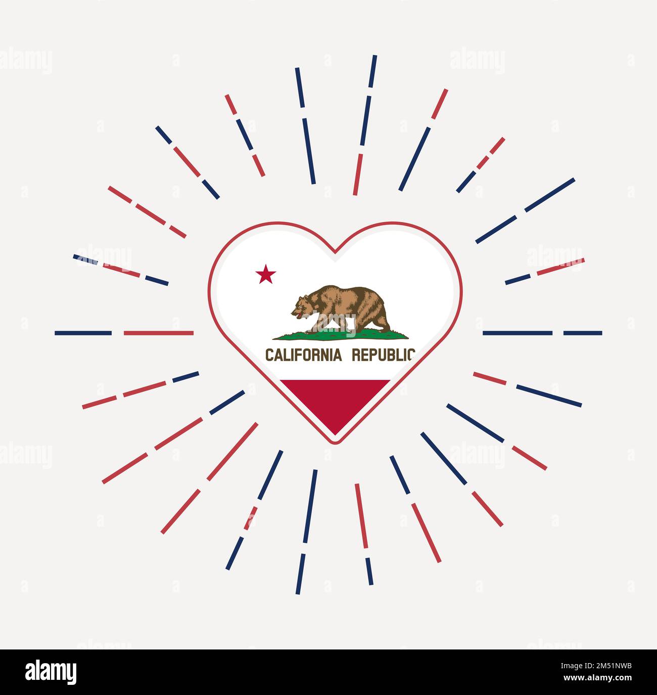 California heart with flag of the US state. Sunburst around California ...