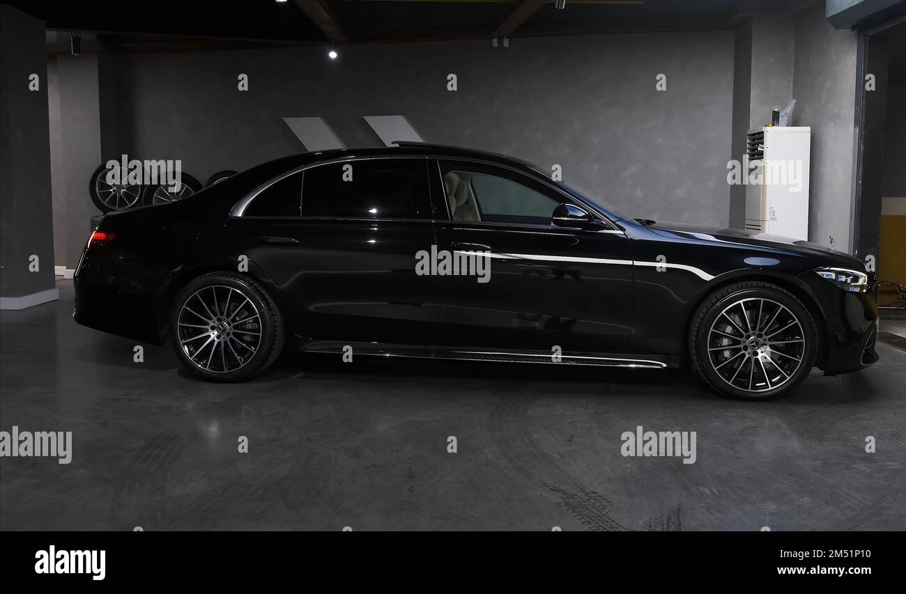 A scenic view of a beautiful black Mercedes Benz S class seen from the ...