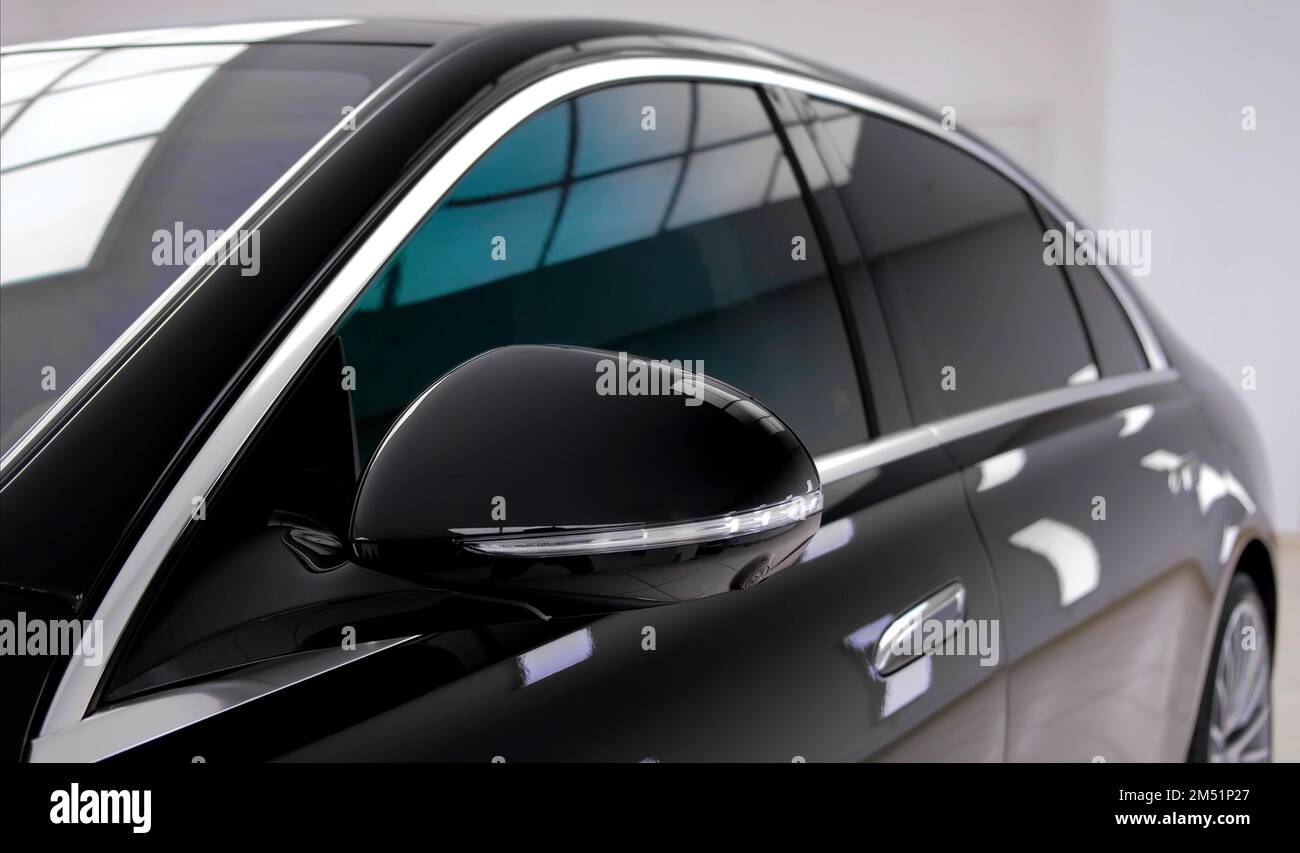 A scenic view of a beautiful black Mercedes Benz S class seen from the ...