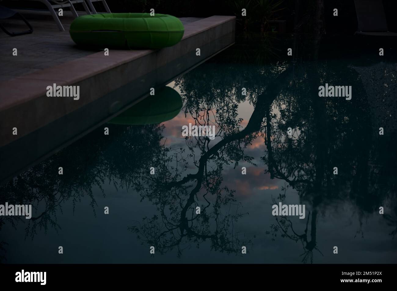Reflection of trees and sunset sky on the water of a pool Stock Photo ...