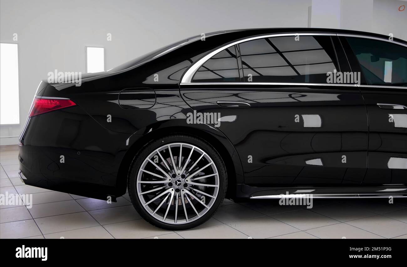 A scenic view of a beautiful black Mercedes Benz S class seen from the ...