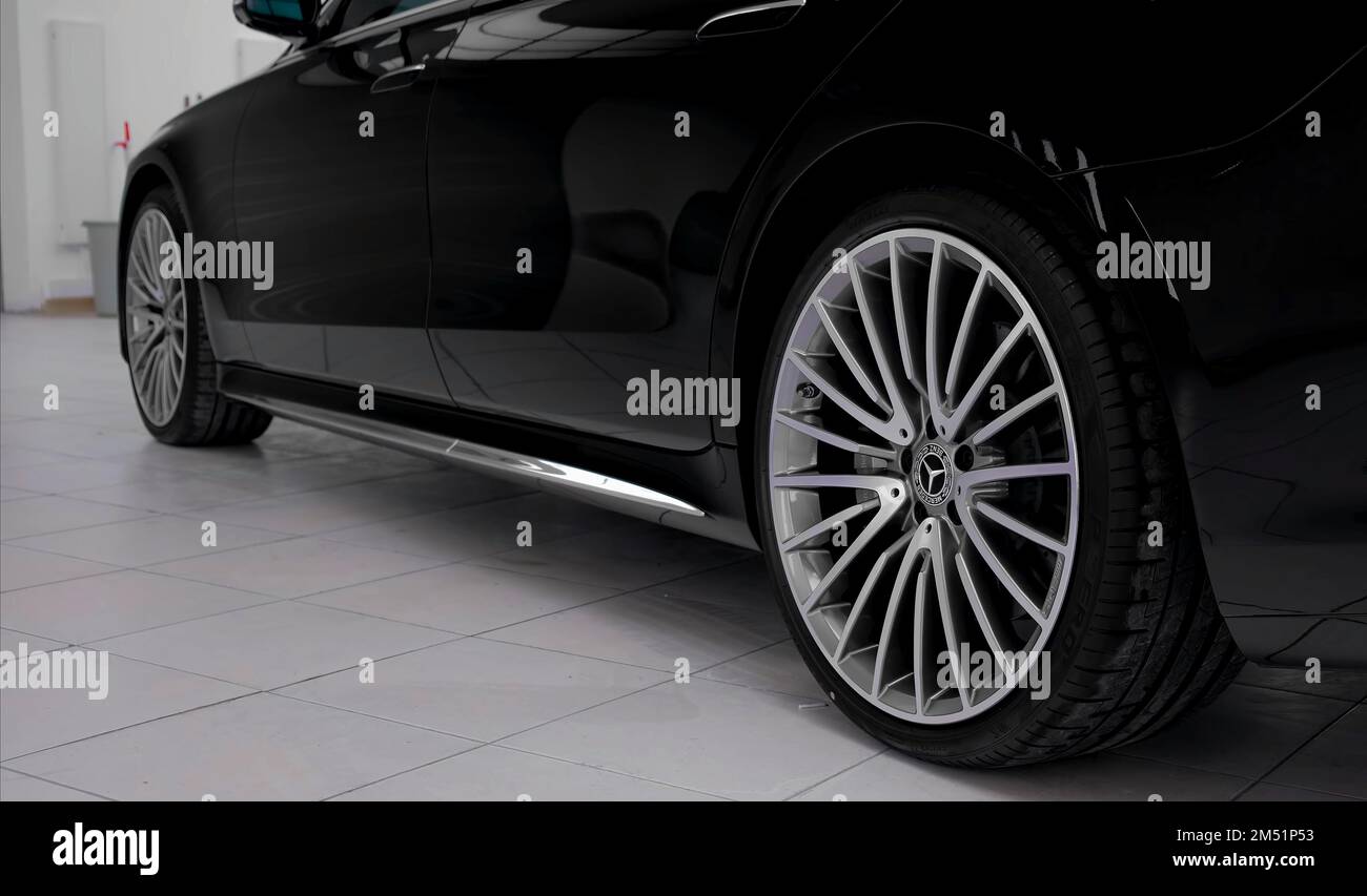 A scenic view of a beautiful black Mercedes Benz S class seen from the ...