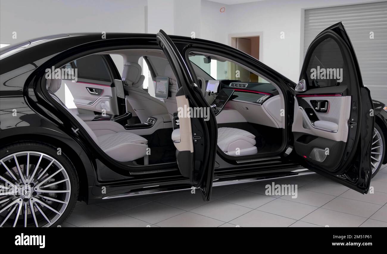 A scenic view of a beautiful black Mercedes Benz S class seen from the ...