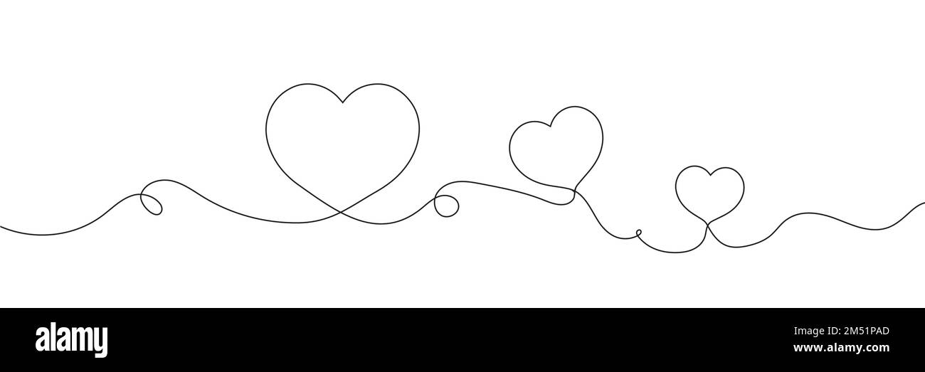 Continuous one line drawing of three hearts isolated on white ...