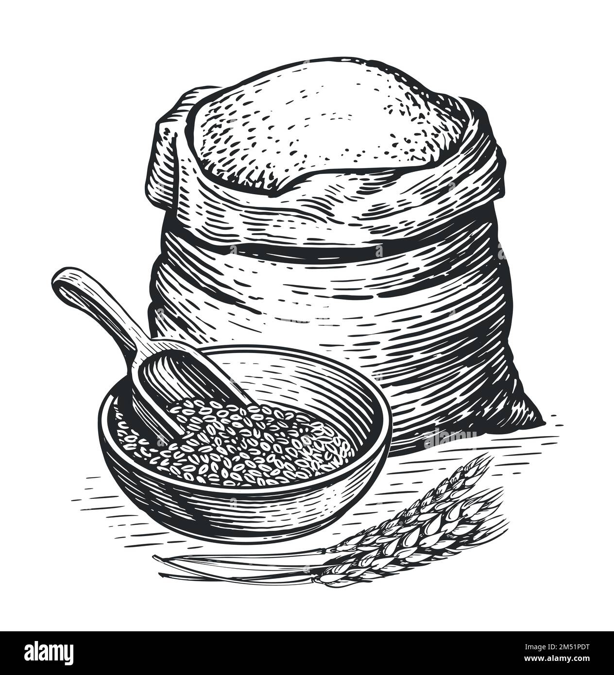 Sack or burlap bag with wholemeal bread flour, barley grains, wooden ...