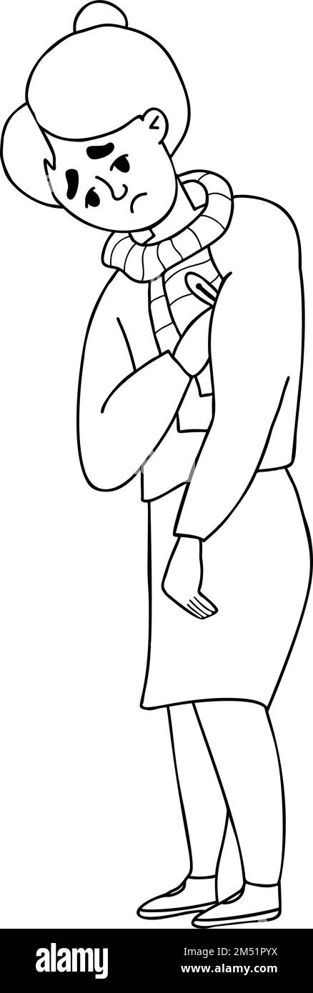 Sick sad pensioner woman with thermometer. Vector illustration. Outline ...