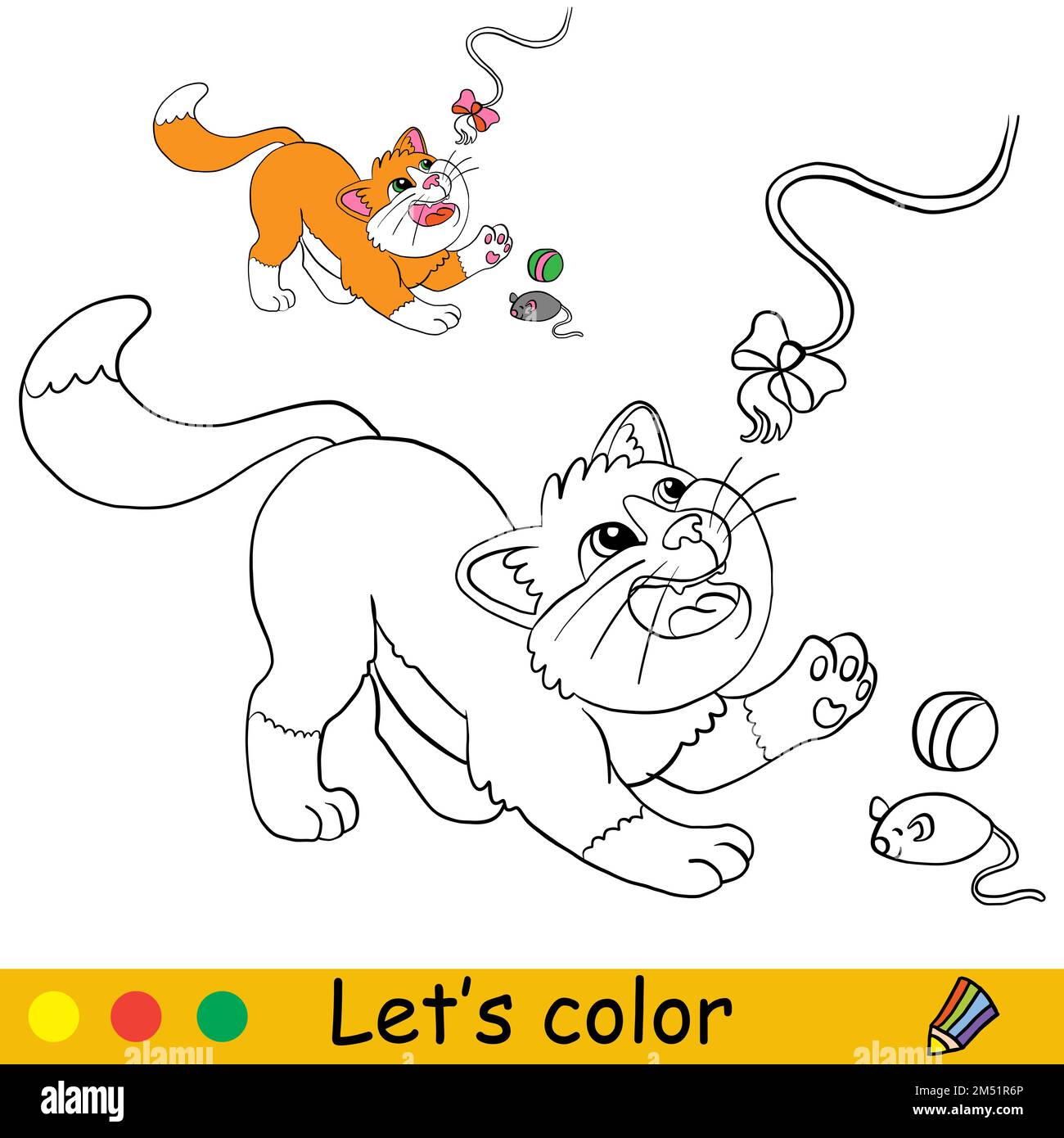 Cute cat playing with a toys. Coloring book page with color template ...