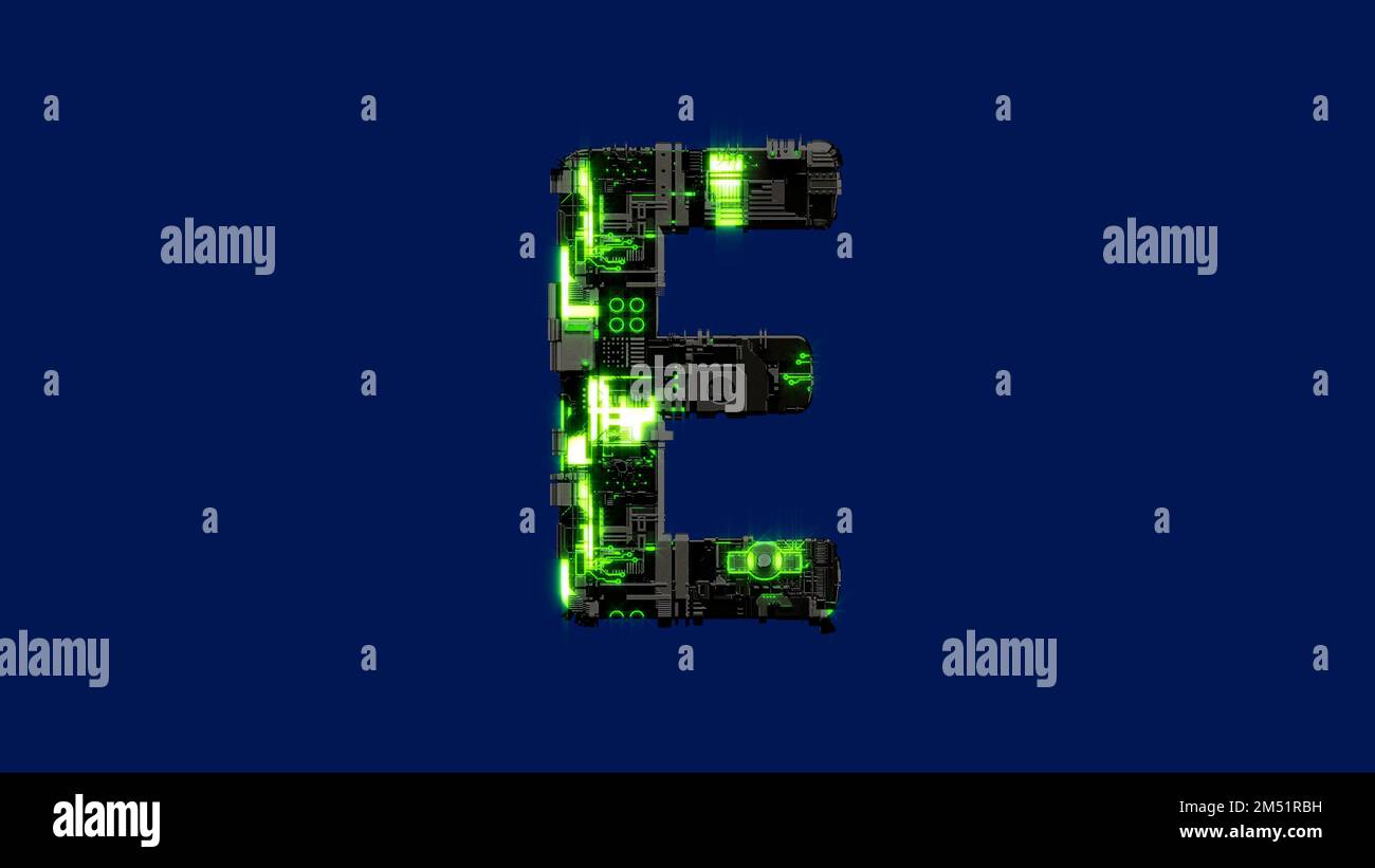 letter E - dark distressed scrap metal alphabet with shining green ...