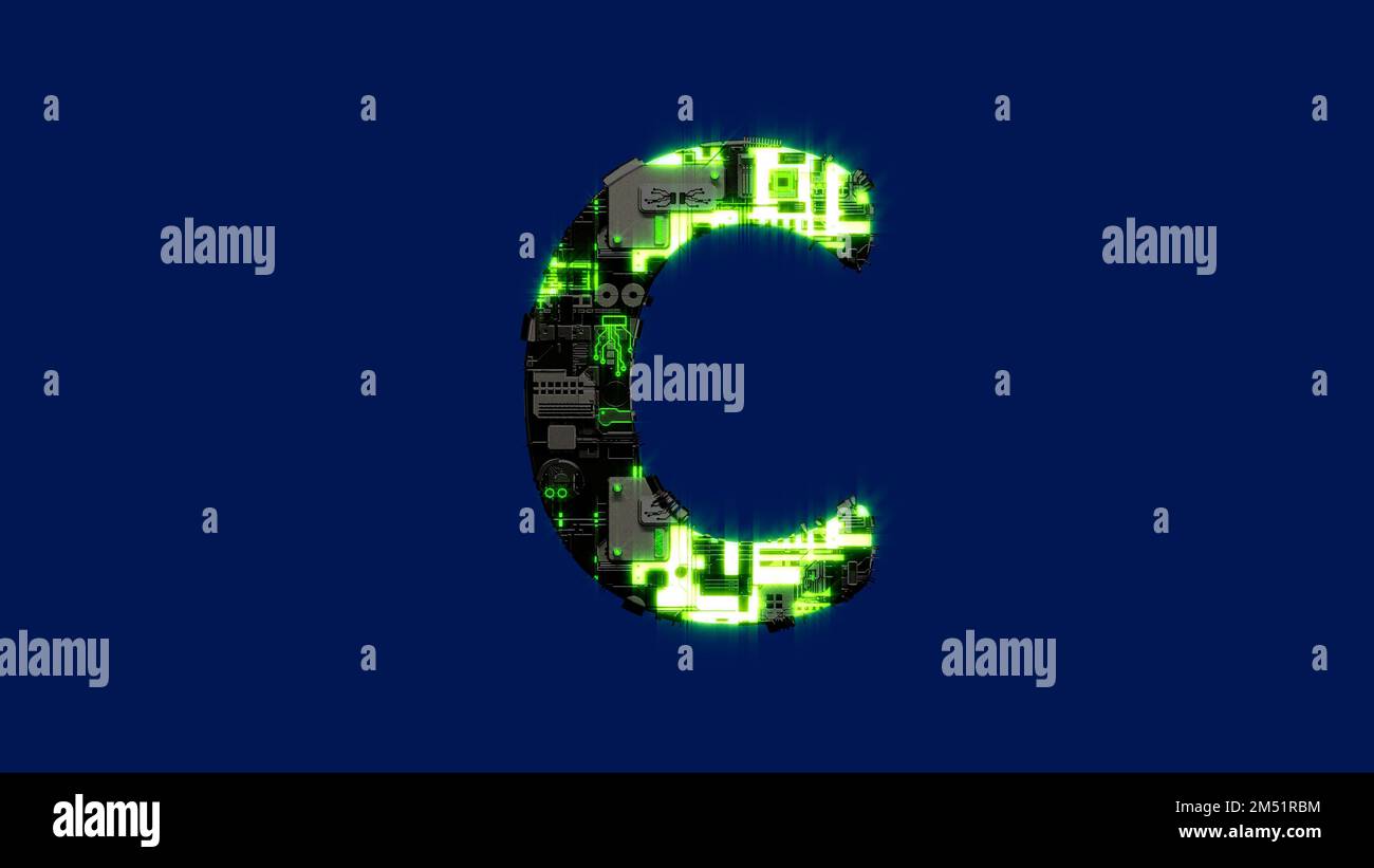 letter C - dark distressed metal scrap font with lighting green ...