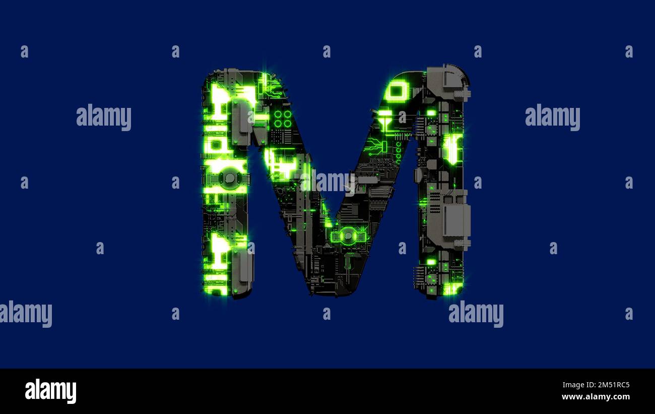 letter M - dark grungy metal scrap font with glowing green, isolated ...