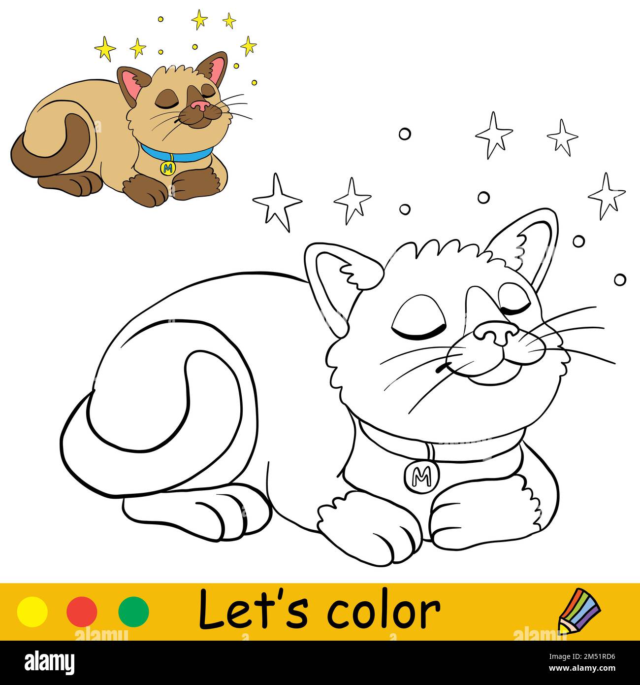 Cute cat sleeping with a stars. Coloring book page with color template ...