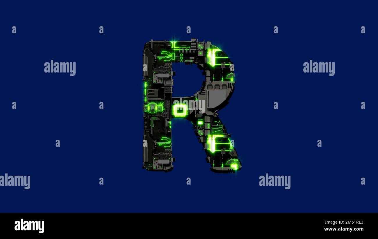 letter R - dark rough scrap metal alphabet with shining green, isolated ...