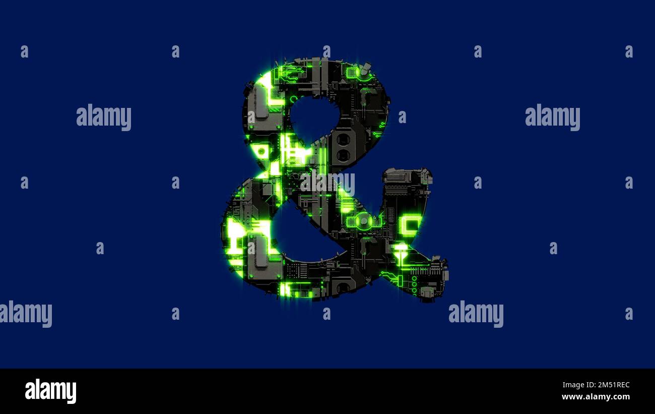 ampersand - dark distressed metal scrap alphabet with glowing green ...