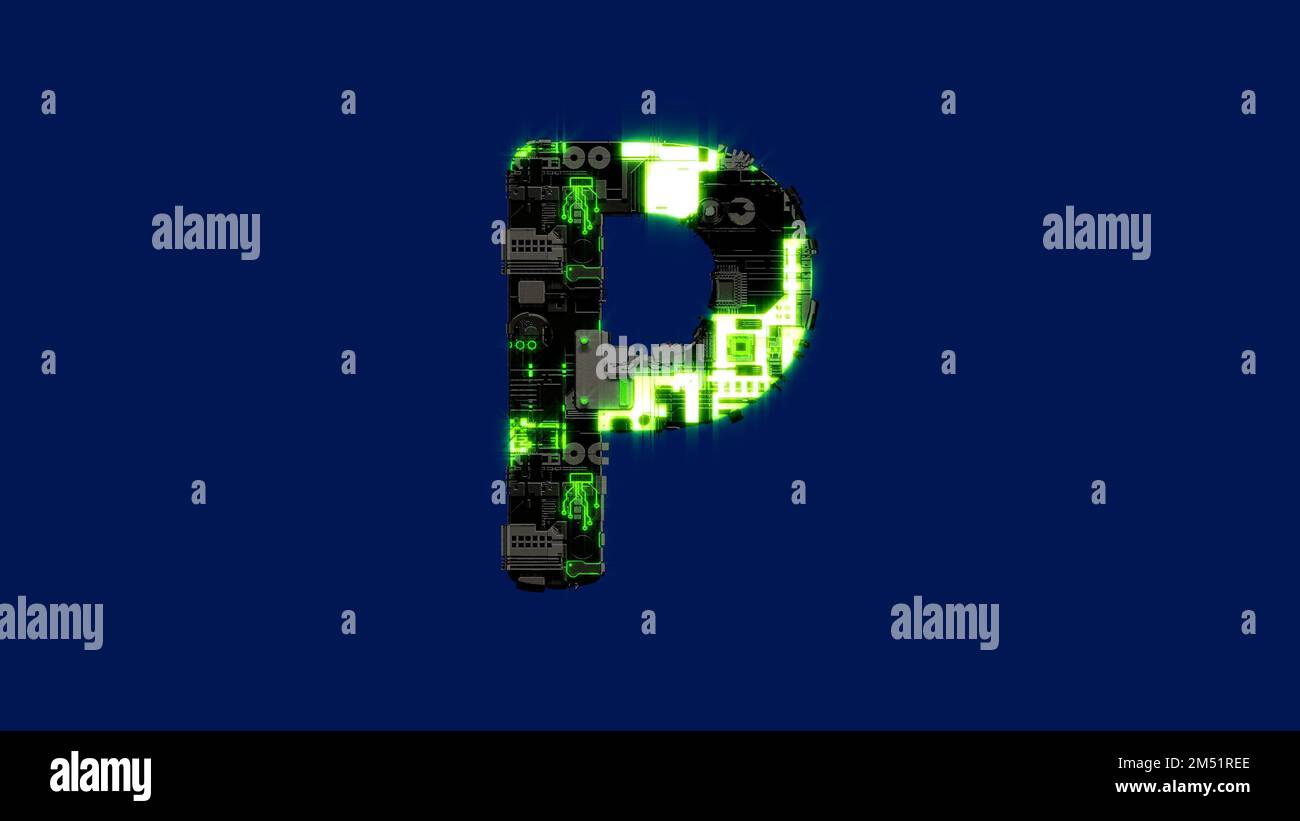 letter P - dark rough metal scrap font with shining green, isolated ...