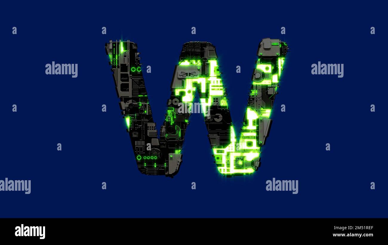 letter W - dark grungy metal scrap alphabet with shining green ...