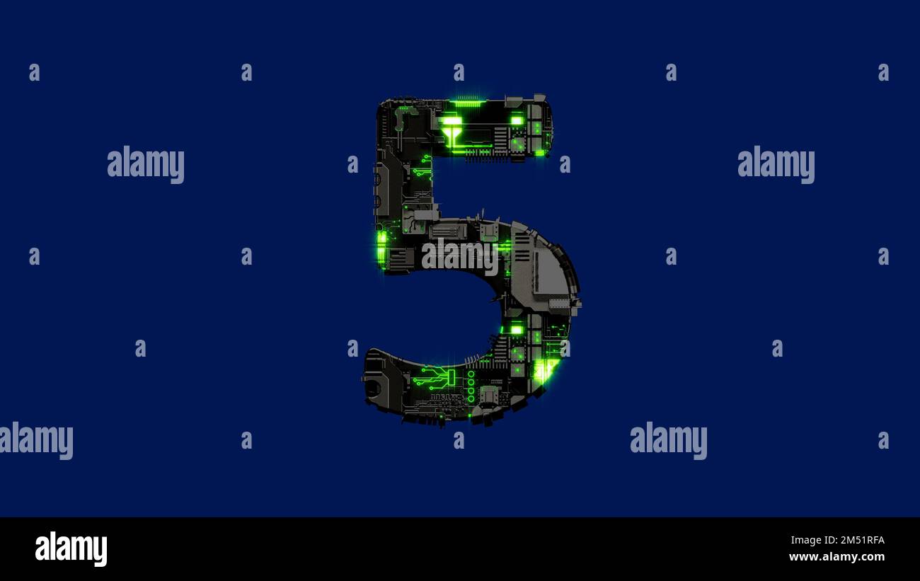 number 5 - dark rough metal scrap font with glowing green, isolated ...