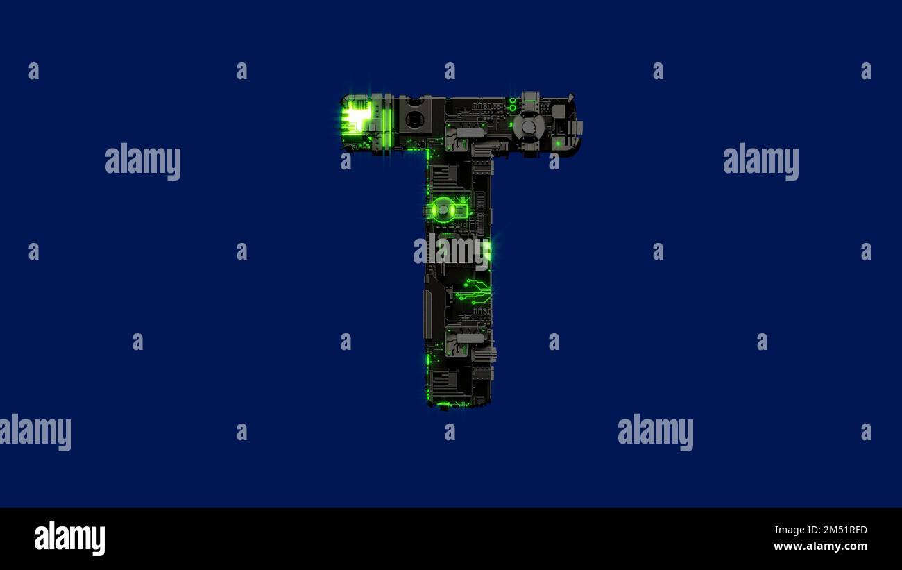 letter T - dark grungy scrap metal alphabet with lighting green ...