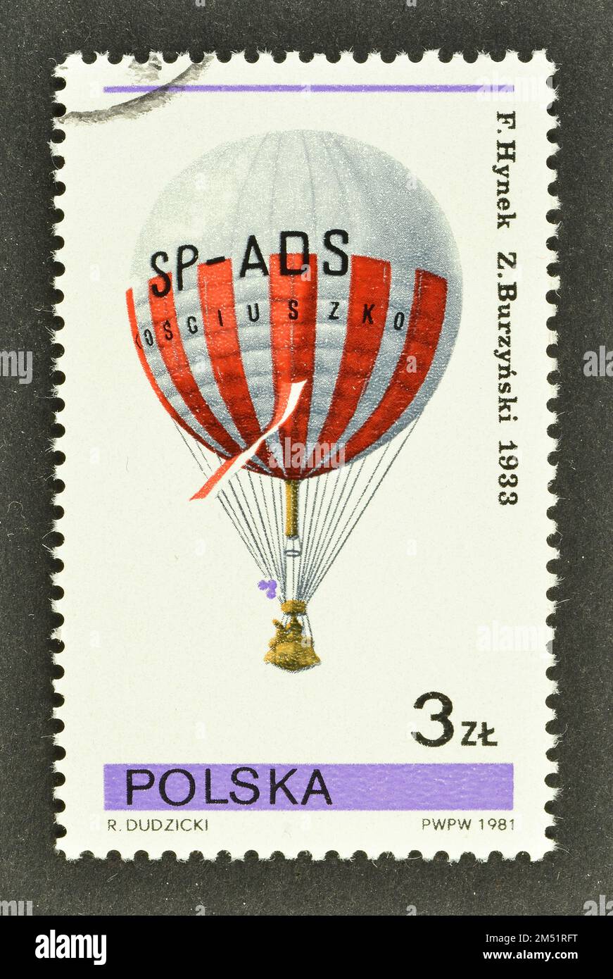 cancelled postage stamp printed by Poland, that shows Hot air balloon ...