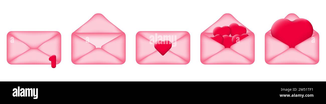 Set of cartoon pink postal envelopes 3d. Icons for email, new message, envelopes with hearts ...
