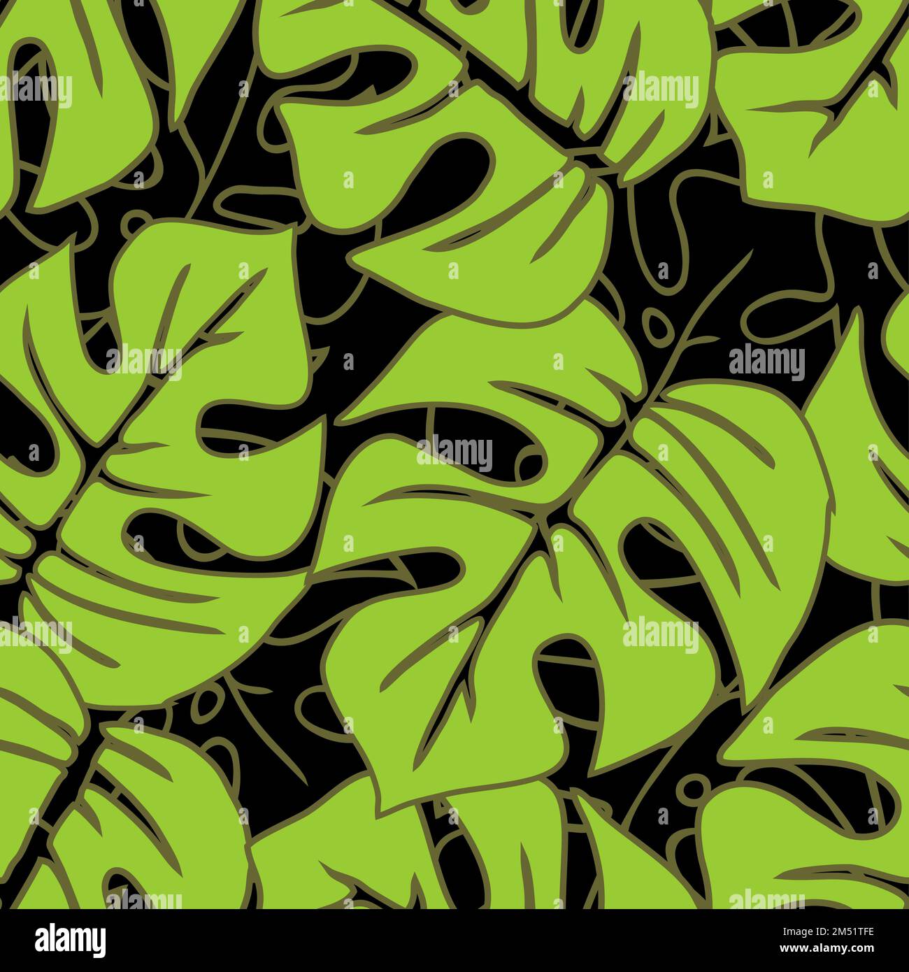 seamless asymmetric pattern of green tropical leaves on a black ...