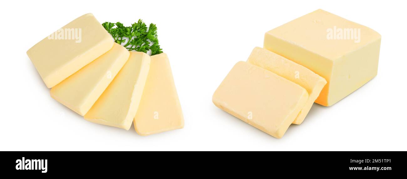 butter slices isolated on white background with full depth of field ...